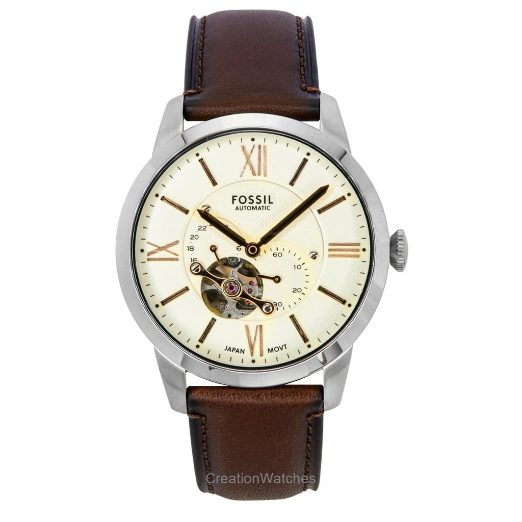 Montre homme Fossil Townsman, bracelet en cuir, cadran crème ouvert ...