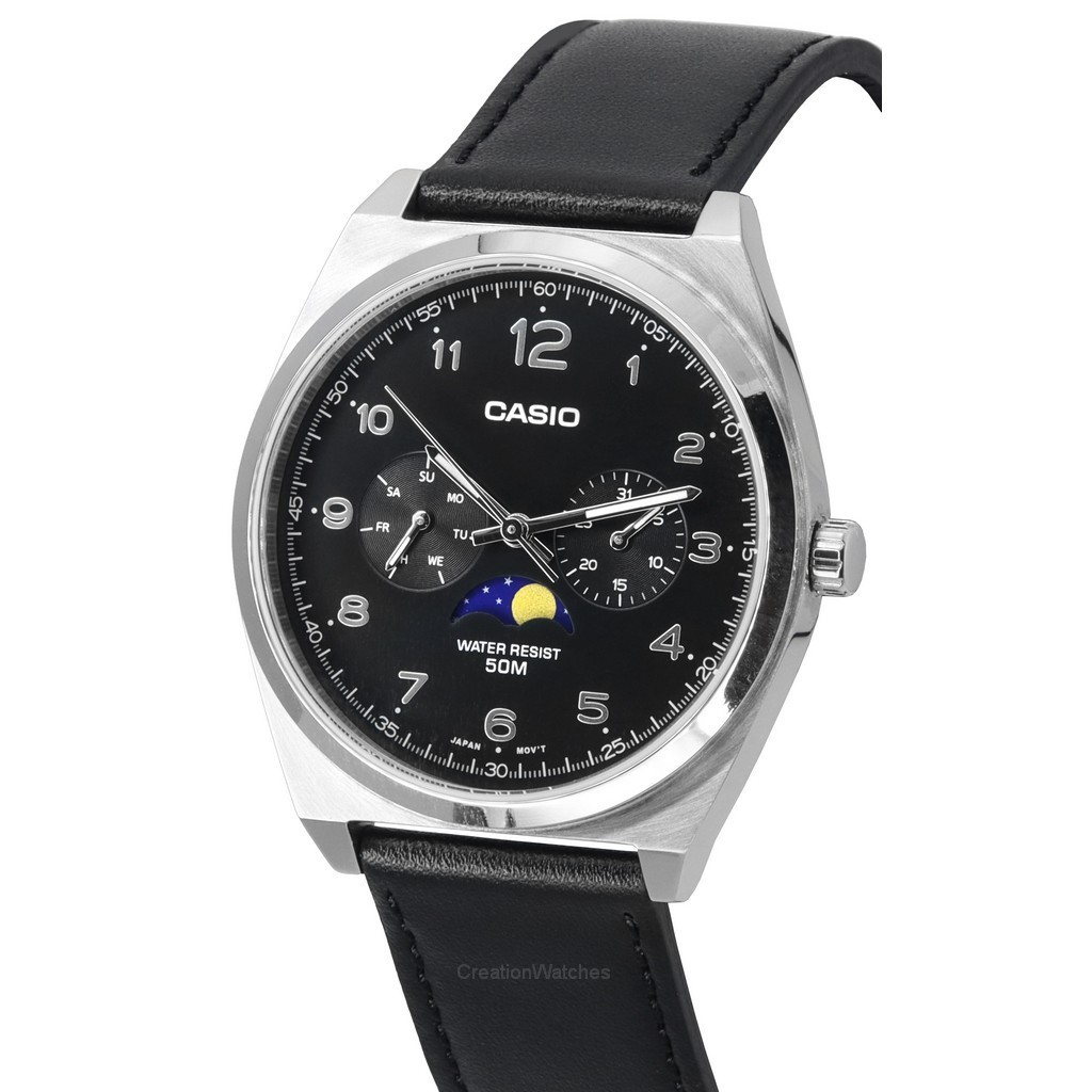 Casio Standard Analog Moon Phase Black Dial Leather Strap Quartz MTP ...