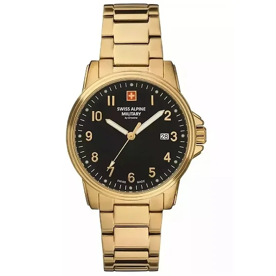 Swiss Alpine Military Leader Ladies Gold Tone Stainless Steel Black ...