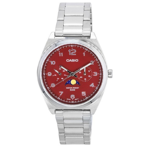 Casio Standard Analog Stainless Steel Moon Phase Red Dial Quartz MTP-M300D-4A MTPM300D-4 Men's Watch